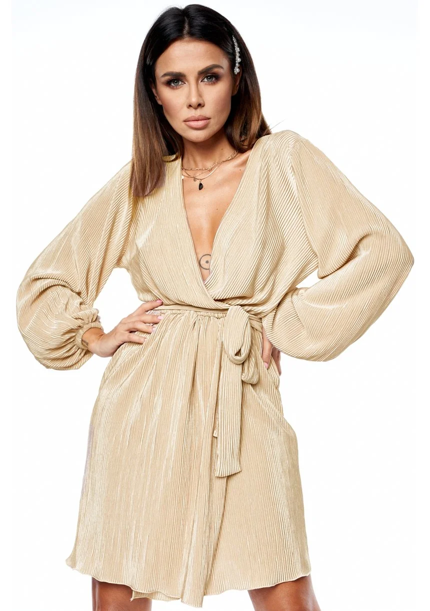 PLEATED CROSSOVER DRESS IN GOLD COLOR - Mosquito