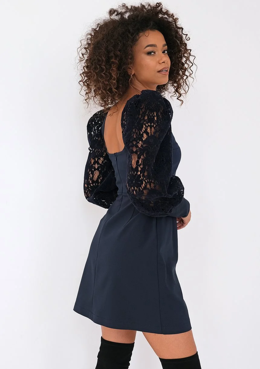 Nadine - Navy blue mini dress with lacy sleeves - Mosquito
