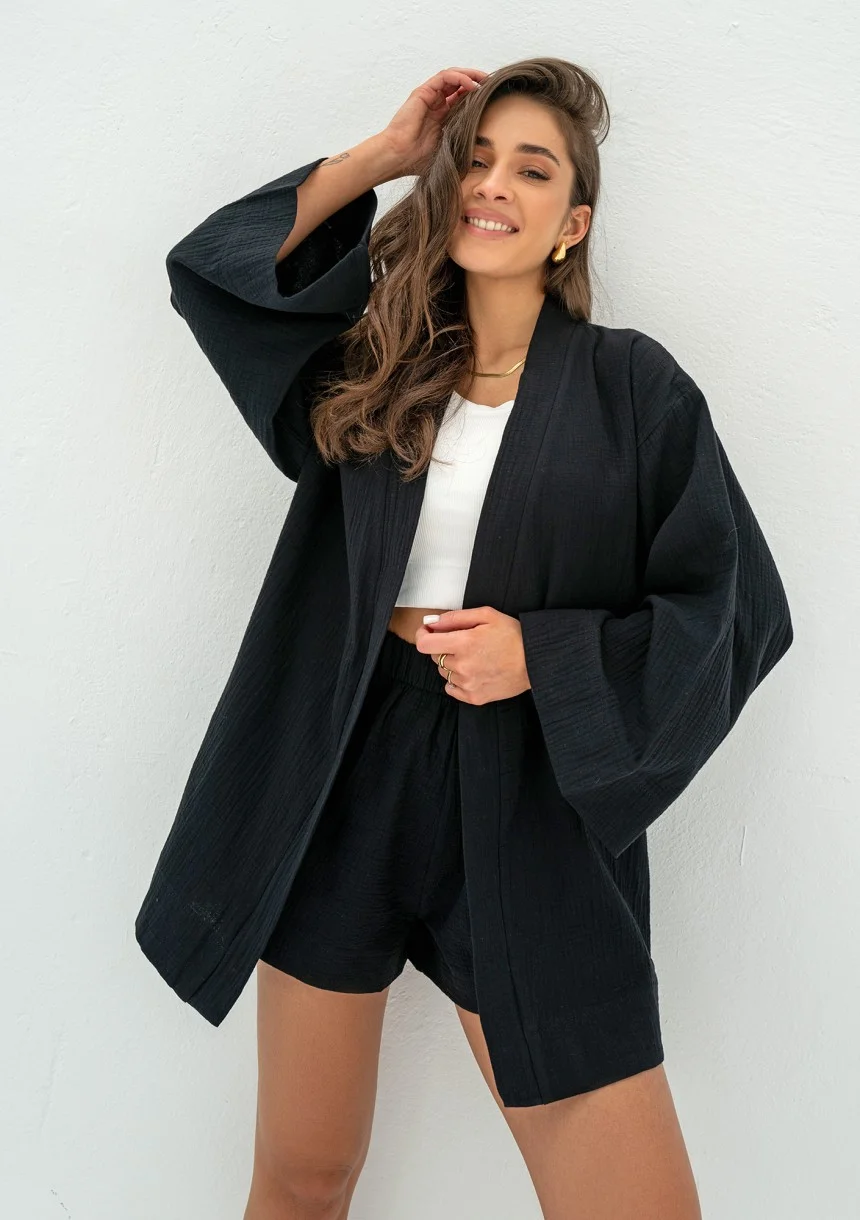 Pavla - Bawełniana czarna narzutka plażowa z muślinu - Mosquito